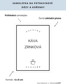 KÁVA ZRNKOVÁ – průhledná samolepka na dózu, základní písmo, 6 × 8 cm | DomaLEP