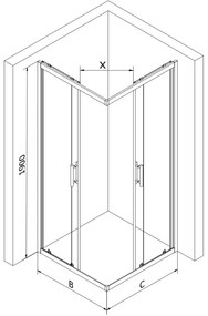 Mexen Rio, čtvercový sprchový kout s posuvnými dveřmi 90 (dveře) x 90 (dveře) x 190 cm, 5mm čiré sklo, zlatý profil + bílá sprchová vanička SLIM, 860-090-090-50-00-4010G