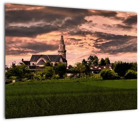 Skleněný obraz krajiny s kostelem (70x50 cm)