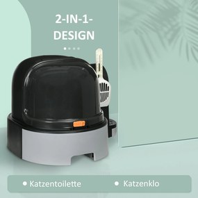 Kočičí domek PawHut se 2 výsuvnými vaničkami a kapotou, lopatka pro kočky do 4 kg, šedý 52x60x42cm