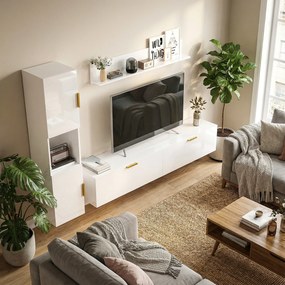 HOMCOM 3dílná závěsná TV stěna s policií a úložnou skříňkou — pro TV do 140 cm (55 palců), bílý vysoký lesk