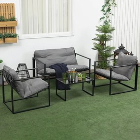 Sada zahradního nábytku Outsunny pro 4 osoby - ocelová a povětrnostním vlivům odolná sada nábytku na balkon s 2-místnou pohovkou, křeslem a skleněným…