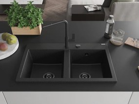 Mexen Hektor, 2-komorový granitový dřez 800x480x205 mm, černá-stříbrná metalíza, grafitový sifon, 6521802000-73-B