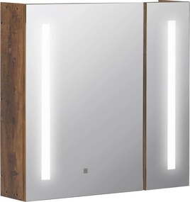 kleankin Nástěnná zrcadlová skříňka s LED osvětlením do koupelny, 2 dveře s 3 úrovněmi, 70 x 15 x 65 cm, vzhled dřeva