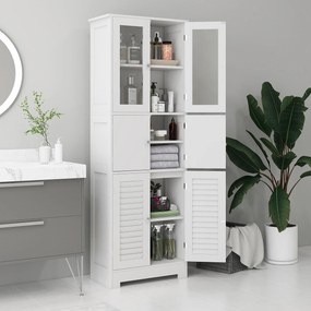 HOMCOM Sloupcový pomocný nábytek do koupelny s 6 dveřmi, nastavitelnými policemi a protiskluzovým designem moderní koupelnová skříň 60x30x170,5 cm bí…