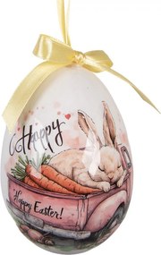 6ks dekorace bílé a modré závěsné vajíčko s králíčky Spring Egg - Ø 7*10 cm