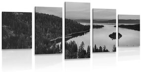5-dílný obraz jezero při západu slunce v černobílém provedení - 200x100 cm