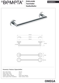 Bemeta Design OMEGA: Držák ručníků, 300 mm - 104204012