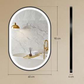 HOMCOM zrcadlo do koupelny se světlem 60x90 cm oválné nástěnné zrcadlo 3 barvy světla stmívatelné protimlhové černé