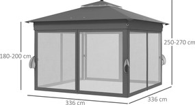 Skládací altán Outsunny cca 3 x 3 m, altán s LED, 4 síťové závěsy, boční stěna, zahradní altán s vakem na vodu, dvojitá střecha, taška na přenášení, …