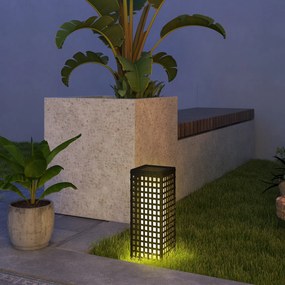 Outsunny solární světlo ratanový design 15,5x15,5x46cm vodotěsné se světelným senzorem automatická zahradní LED lampa černá pro terasu a zahradu