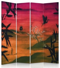 Ozdobný paraván Japonská krajina Červená - 145x170 cm, čtyřdílný, obustranný paraván 360°