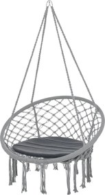 Outsunny Kulatý Zavěšený Křeslo Ø60 cm Hamaka Houpací Křeslo s Polštářem a Bavlněným Provázkem pro Vnitřní a Vnější Použití 80x80x42 cm Šedá | Aosom