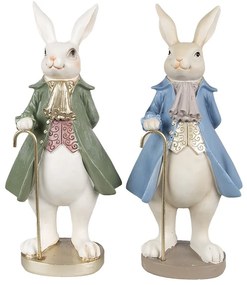 Dekorace bílý králík v zeleném kabátě s holí - 12*9*26 cm