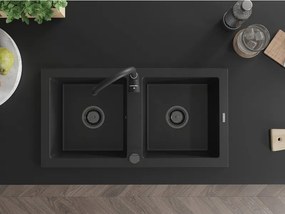 Mexen Mario, granitový dřez 820x436x161 mm, 2-komorový, černá s černým sifonem, 6504822000-77-B