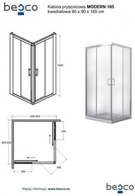 BESCO Čtvercový sprchový kout MODERN 185 BARVA rámu - Chrom/Leštěný hliník (ALU), Rozměr A - 90 cm, Rozměr B - 90 cm, Rozměr C - 185 cm, Směr zavírání - Univerzální Levé / Pravé, Výplň - Čiré bezpečnostní sklo - 6 mm BCMOD90CC