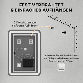 HOMCOM kleankin koupelnové zrcadlo LED 50 x 70 cm se 3 barvami světla a dotykovým spínačem, IP44, automatická ochrana proti zamlžení, paměťová funkce…