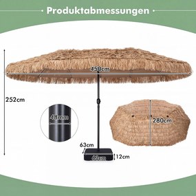 Costway 450 cm Havajský slunečník s LED a stojanem na deštníky s klikou proti