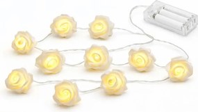LED světýlka na baterie, růžičky, 1,8 m, teple bílá, 10 diod, čirý kabel, IP20 interiér, 2× AA