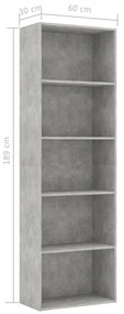 vidaXL Knihovna 5 polic betonově šedá 60 x 30 x 189 cm dřevotříska