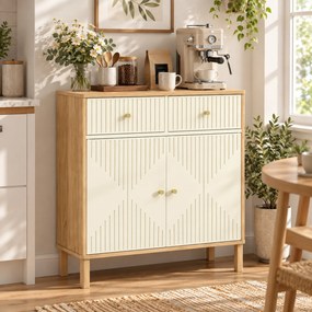 HOMCOM Bufet, rýhovaný úložný nábytek s deskou v dubovém vzhledu, 2 zásuvky, 2 dveře, nastavitelná police, 77x30x80 cm, krémová