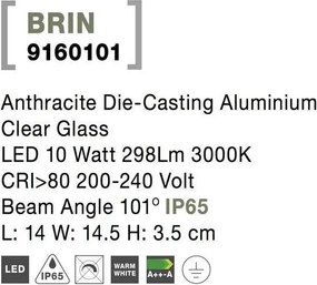 NV 9160101 Venkovní nástěnné svítidlo BRIN antracitový hliník čiré sklo LED 10W 3000K 200-240V 101st. IP65 - NOVA LUCE