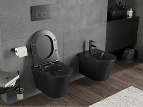 Mexen Rico, závěsná WC mísa 490x360x370 mm, Rimless Tornádo + WC sedátko z duroplastu, černá matná, 30721085T
