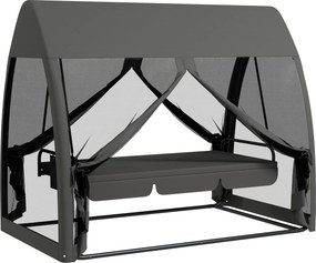 Outsunny 2-v-1 Hollywoodská houpačka s ležící funkcí - 3-místná zahradní houpačka s markýzou a síťkou proti hmyzu, nosnost až 300 kg, lehátko do zahr…