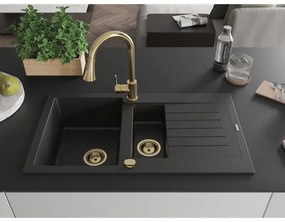 Mexen Matias, 1,5-komorový granitový dřez 900x505x200 mm a dřezová baterie Elia, černá, 6502-77-670101-50