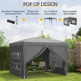 Zahradní přístřešek Outsunny Pop-Up Skládací Recepční Stan 3 x 3m se 4 Odnímatelnými Bočními Stěnami + Šedý Přenosný Obal