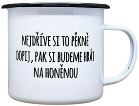 Super plecháček Smaltovaný hrnek plecháček s potiskem honěná Objem: 460 ml