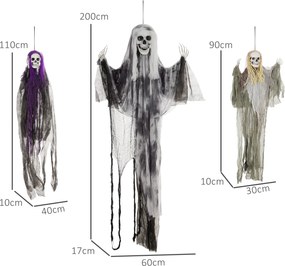 HOMCOM Visící kostlivci-duchové, sada 3 ks, Halloween dekorace, nastavitelná paže, 90/110/200 cm