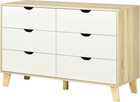 HOMCOM 6 zásuvková komoda v severském stylu s dřevěnými nohami, úložná jednotka pro ložnici a obývací pokoj, 120 x 40 x 76 cm, dřevo a bílá