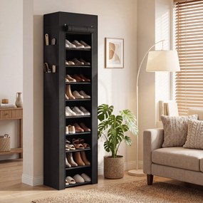 HOMCOM 10patrový úzký kovový botník s ochranným krytem proti prachu – pro 20 párů, 45 × 30 × 175 cm, černý