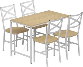 HOMCOM jídelní set se 4 židlemi, kuchyňský stůl se židlemi pro 4 osoby, přírodní dřevo a bílá