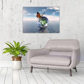 Skleněný obraz motýla na skleněné kouli (70x50 cm)