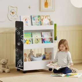 AIYAPLAY dětský regál na knihy na kolečkách, úložný prostor na knihy pro děti 3–8 let s tabulí, 66,5x32,5x86,5 cm, bílá