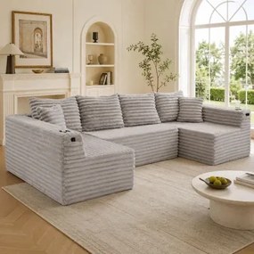 Aosom U-tvarová manšestrová pohovka, integrovaný držák nápojů a boční kapsa, polstrování s pružinovým jádrem, 320x155x88 cm, Světle šedá