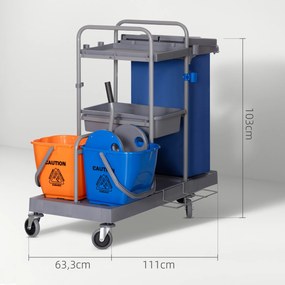 HOMCOM Úklidový vozík se sáčkem na odpadky, servisní vozík s 18L mopovými kybly, lisem a policemi pro hotely 111x63.3x103 cm Vícebarevný