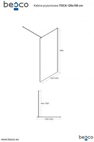 BESCO Walk-in sprchový kout TOCA BARVA rámu - Černá, Rozměr A - 120 cm, Rozměr C - 190 cm, Směr zavírání - Univerzální Levé / Pravé, Výplň - Čiré bezpečnostní sklo - 8 mm BCTOCA12