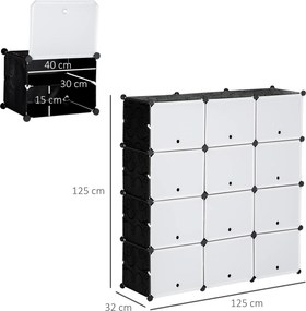 HOMCOM Botník Úložný box s 12 kostkami DIY zásuvný regál s dvířky Plastová ocel Černá+bílá 125 x 32 x 125 cm | Aosom