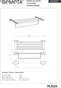Bemeta Design PLAZA: Držák ručníků, 535 mm, s hrazdou -