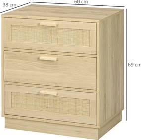 HOMCOM Noční stolek s 3 zásuvkami z ratanového pletiva, dřevěný komoda pro ložnici, obývací pokoj, bohémský styl 60x38x69 cm