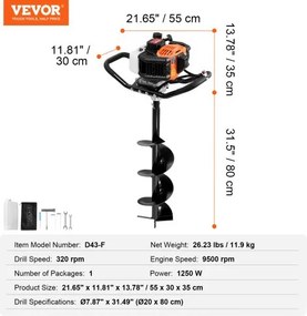 Vykopávač děr pro plynové sloupky 43CC 1250 W s 20,3 cm vrtáky pro farmu a zahradu