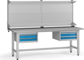 Výškově nastavitelný dílenský stůl G5 s nástavbou, 2100 x 750 x 800-1000 mm, 2x kontejner, 4 zásuvky, modrá