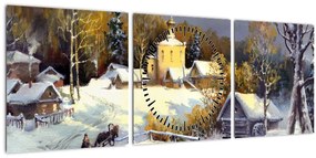 Obraz - Zimní městečko (s hodinami) (90x30 cm)
