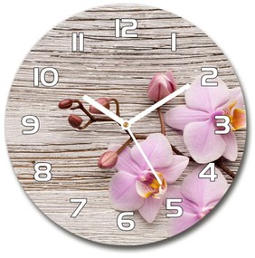 Wallmuralia Skleněné hodiny kulaté Orchidej na dřevě fi 30 cm