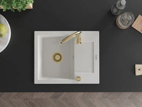 Mexen Enzo, granitový dřez 576x465x174 mm, 1-komorový, bílá se zlatým sifonem, 6506571005-20-G