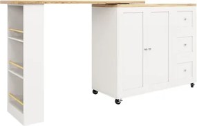 Aosom Otočný a vysouvací kuchyňský ostrov o 360°, s 3 zásuvkami, 2 dveřmi a bočním regálem na snacky, 135-203 x 39 x 106 cm, bílý