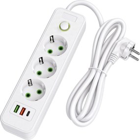 Toolight Toolight, JNH020-3A, prodlužovací lišta 3 zásuvky + 2× USB-A + USB-C, 1,8 m, bílá, OSW-56302